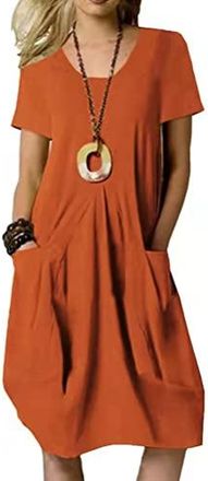 Onsoyours Femme Coton Robe Ete à Manche Courte Robe Tunique Chic col Rond Couleur Unie Boho Robe Maxi Longue Plage Robe avec Poches A Orange XXL