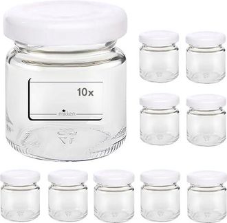 mikken Art Viva Lot de 10 petits bocaux &agrave; confiture avec couvercles Blanc 53 ml + &eacute;tiquettes