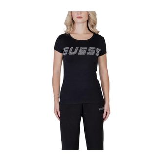 Guess Tee &agrave; Manches Courtes avec Logo Strass - Femme - Tops - Noir - Taille: 38 FR