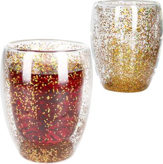 MamboCat Konfetti 2er Set doppelwandige Gl&auml;ser 270ml I Gold-Glitzer I f&uuml;r Hei&szlig;- & Kaltgetr&auml;nke I Thermoglas f&uuml;r Cappuccino, Tee, Cocktails, Wasser I Partys, We