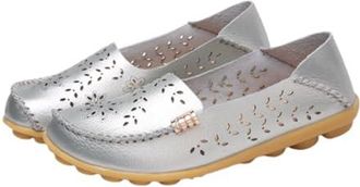 Generic Mocassins en Cuir ajouré pour Femmes, Chaussures de Conduite décontractées et Confortables Plates et Souples à Bout Rond,Argent,40 EU