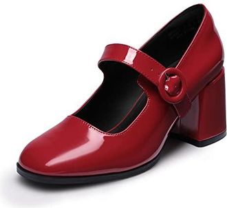 Dream Pairs Escarpins Femmes Elégante Mary Jane Dame à Talon Chaussures Cheville Boucle Ronde Antidérapante en TPR Escarpin Confortable,Size 40.5,Rouge Brillant,S