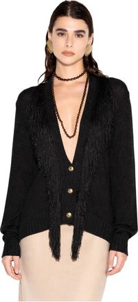 Akep Femme, Pulls, Noir, Taille: 40 FR Gilet &agrave; Franges et Col en V Profond