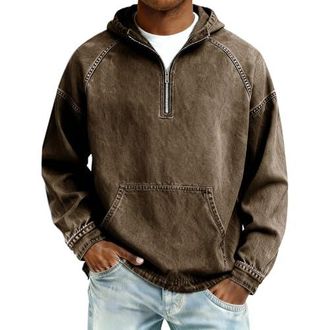 Generic Pull Homme Vintage Zip Quarter Effet D&eacute;lav&eacute; - Haut Oversized Couleurs Lav&eacute;es Col Montant D&eacute;contract&eacute; Casual, Automne Hiver Tendance(Brown, XXXXL)