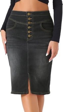 Allegra K Jupes pour femmes, jupe en jean décontractée, taille haute, fente sur le devant, jupe crayon extensible en denim pour femme, Noir, 44