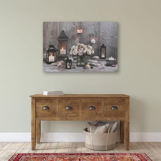 Art for the Home Toile &agrave; LED Cosy Cottage 60 x 90cm - Toile tendue sur MDF - Lampes LED avec interrupteur - D&eacute;coration murale gris beige - Art For The Home