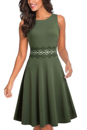 Homeyee Damen Vintage Rundhalsausschnitt ärmellosen Blumen Bestickt knielangen Cocktailkleid UKA079 (EU 44 = Size XXL, Olive)