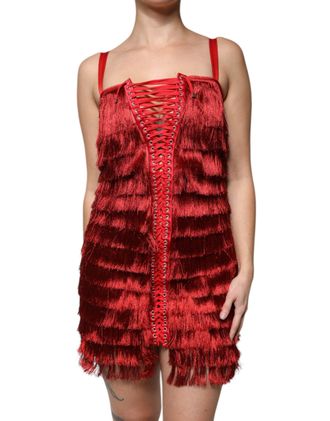 Dolce & Gabbana Womens Red Lace Tassel Sleeveless Sheath Mini Dress Nylon Silk