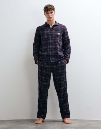 Lacoste kariertes Flanell-Pyjama-Set in Burgunderrot