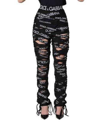 Dolce & Gabbana Womens Black Logo Tape Cut Out Skinny High Waist Pants Elastane Nylon Acetate Silk