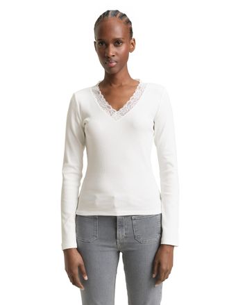 Tom Tailor Damen 1051662 Langarmshirt mit Spitze, 10332-Off White, Medium