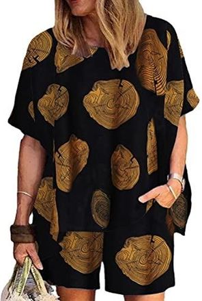 ORANDESIGNE Ensemble Femme Chic Et Elegant Ete Survêtement Bohème Couleur Unie 2 Piece Outfit Col Rond Manche Courte Tee Shirt Et Short Sport Costume Streetwear S