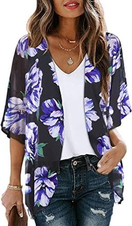 Minetom Femmes Gilet Kimono Casual Veste Cardigan en Mousseline de Soie Été Imprimé Floral Plage Outwear Pareo Tops Maillot de Bain Bikini Cover Up Style 28 X