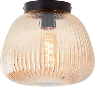 Lightbox Retro Deckenlampe mit Riffelglas Lampen-Schirm | Ø 25 cm | dekorative Deckenleuchte | E27 Fassung | Wohnzimmer-Lampe aus Glas/Metall in Amber-Bernstei