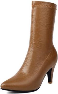 Generic Bottes Chics mi-Mollet pour Femmes Bout Pointu Mid Kitten Talons Tirer sur Le Similicuir Chaussures de Bureau élégantes de soirée de fête,Marron,46 EU