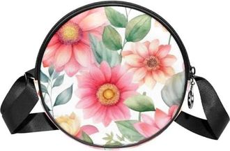 Generic Petit sac &agrave; bandouli&egrave;re circulaire pour femme, motif feuilles florales, sac &agrave; dos avec fermeture &eacute;clair, bretelles r&eacute;glables, sac &agrave; main rond d&eacute;contra