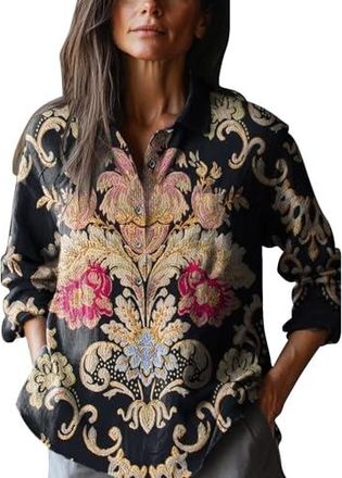 Generico Femme Chemise D&eacute;contract&eacute;e &agrave; Manches Longues Chemisier en Lin Coton Curvy Respirant T Shirt Col en V L&eacute;ger Blouse Vintage Imprim&eacute; Boutons Mode Chemise