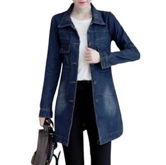 Generic Blazer en jean r&eacute;tro d&eacute;lav&eacute; coupe slim pour femme, id&eacute;al pour le printemps et lautomne. Veste longue en jean bleu fonc&eacute;, taille XXL