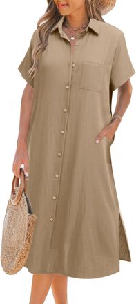 Zeagoo Cover Up Strandkleid Damen Lang Strandbluse Kurzarm Hemdblusenkleid Luftig Strandhemd Mit Taschen Fr&uuml;hling Sommer Strandtunika Khaki S