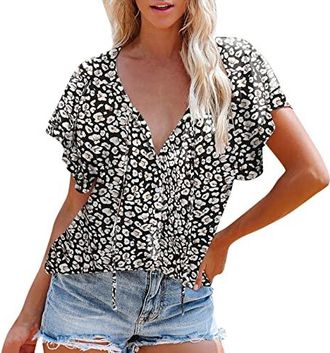 Generic Robes boh&egrave;me pour femmes, chemises d&eacute;t&eacute; d&eacute;contract&eacute;es &agrave; manches courtes et col en V avec col en V et manches courtes pour femmes, chemisiers amples, N