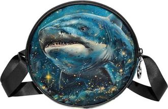 Generic Sac &agrave; bandouli&egrave;re rond rond pour femme, motif requin &eacute;toil&eacute;, avec fermeture &eacute;clair, bretelles r&eacute;glables, style d&eacute;contract&eacute;