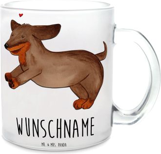 Mr. & Mrs. Panda Personalisierte Teetasse Hund Dackel - Geschenke, Mit Namen, Braun, Groß, Gravur, Teegläser, Herz, Sprüche, aus Glas