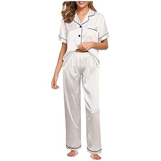 Generic Ensemble De Pyjama Femme Satin 2 pi&egrave;ces Nuit Pyjamas en Soie V&ecirc;tements Manches Courtes ete Pantalon Longue Les V&ecirc;tement Doux Short Deux pour Ado Fille