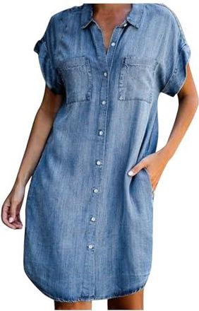 Generic Robe Jean Femme Manches Courtes- Robe Chemise à Revers avec Poches Boutons Dress Chic Et Elegant LéGer DéContractéE Couleur Unie LâChe Basiques Jeans 