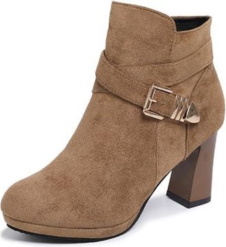 Generic Bottines tendance &agrave; bout rond et talon &eacute;pais pour femme avec boucle et sangle d&eacute;corative, fermeture &eacute;clair lat&eacute;rale, chaussures dhiver d&eacute;contract&eacute;es, 