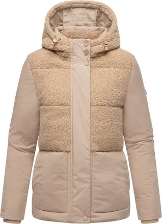 Marikoo Damen Teddy-Fleecejacke warme Winterjacke Plüschjacke in angesagtem Materialmix mit Kapuze Sheeta 16 Beige Gr. XL