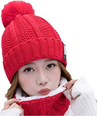 Generic Bonnet de baseball chaud tricoté pour femme avec écharpe en velours pour entraînement par temps froid et vie quotidienne, Rouge, Taille unique