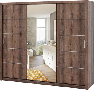 Selsey Rinker - Schwebet&uuml;renschrank/Kleiderschrank 3-t&uuml;rig mit Spiegel, 2 Kleiderstangen, 250 cm cm (Eiche Monastery)