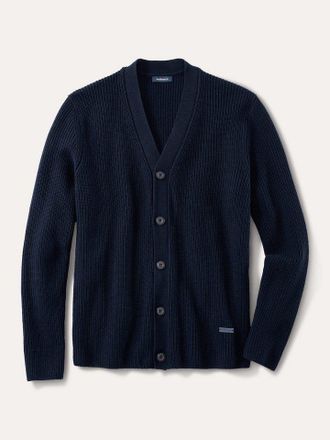 Walbusch Cardigan Herren Patentstrick Cardigan V-Ausschnitt Wolle Baumwolle pflegeleicht Strickjacke mit Steinnusskn&ouml;pfen, Grobstrick & elastischen B&uuml;ndchen