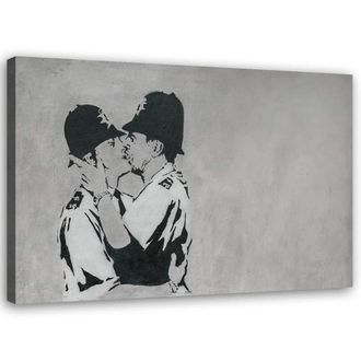 Feeby Leinwandbilder XXL Banksy - Kissing Coppers - 60x40 cm - Bild auf Leinwand - Kunstdruck - Deko Wohnzimmer - Wandbilder Schlafzimmer - Deko Schwarz - D