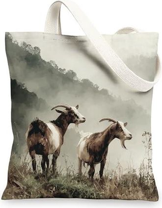 Generic Sacs fourre-tout en toile de chèvre de montagne, sacs dépicerie réutilisables, respectueux de lenvironnement, légers, lavables à bandoulière f, beige,