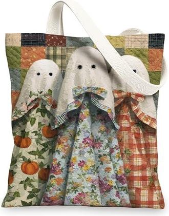 Generic Sacs fourre-tout en toile motif fantôme, vintage, matelassé, style Halloween, sacs dépicerie, sacs dépicerie réutilisables, légers et lavables avec ba