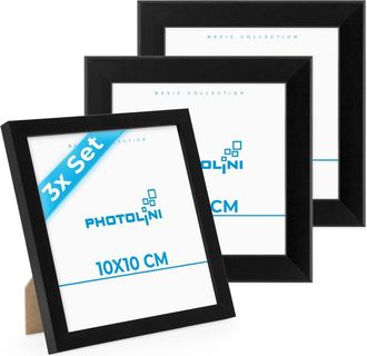 Photolini Bilderrahmen 10x10 Schwarz MDF-Holz, 3er Set Poster-Rahmen, bruchsicheres Acrylglas, zum Aufhängen & Aufstellen, extra Zubehör - für Fotos & Poster