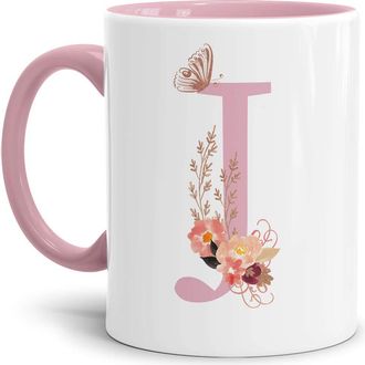 Tassendruck Buchstaben-Tasse mit Blumen - Buchstabe J - Innen & Henkel Rosa - Mug/Cup/Becher/Edel/Geschenk-Idee/Beste Qualität - 25 Jahre Erfahrung