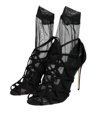 Dolce & Gabbana Womens Black Tulle Stretch Heels Sandals Shoes Leather