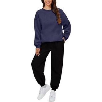 Generic Survêtement 2 pièces pour femme - Tendance britannique - Streetwear Y2K - Couleur pure - Automne et hiver - Survêtement décontracté à col rond - Panta