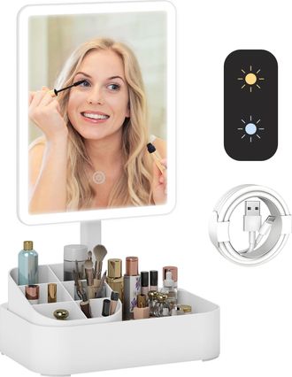 HOMCOM Schminkspiegel mit Beleuchtung 22x13,8 cm wiederaufladbar 180&deg;Drehbar LED Kosmetikspiegel mit Aufbewahrungsbox, 2 Beleuchtungsmodi Touchschalter, dimm