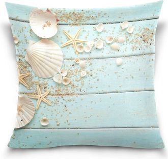 HMZXZ Kissenbezug 40x40cm Sommer- Muscheln Seesterns Holzen Dekorative quadratische Kissenbezüge Kissenhüller für Couch Sofa Schlafzimmer Wohnzimmer