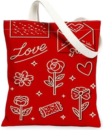 Generic Sacs fourre-tout en toile florale de Saint-Valentin, sacs d&eacute;picerie r&eacute;utilisables, modernes et chics, l&eacute;gers, lavables &agrave; l&eacute;paule S, Rouge, 13x15 Inch