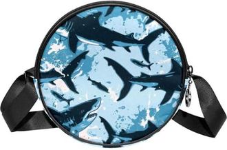 Generic Petit sac &agrave; bandouli&egrave;re rond rond pour femme, motif requins, avec fermeture &eacute;clair, bretelles r&eacute;glables, style d&eacute;contract&eacute;
