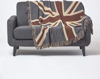 Homescapes Jacquard Decke Union Jack 150x200 cm, Baumwolldecke Vintage Style, Wohndecke blau-braun-Creme, Fransen-Decke britisch, Überwurf Sofadecke Baumwolle