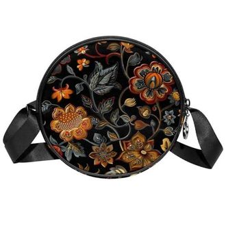 Generic Petit sac &agrave; bandouli&egrave;re rond pour femme, style ethnique, boh&egrave;me, floral, avec fermeture &eacute;clair, bretelles r&eacute;glables, sac &agrave; main rond d&eacute;contract&eacute; pour 