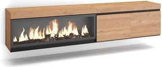 Skraut Home | TV-Schrank, Lowboard | f&uuml;r Wohnzimmer und Esszimmer | 210 | F&uuml;r TV-Ger&auml;te bis zu 80 | Elektrokamin XXL | H&auml;ngend | Moderner Stil | Eiche