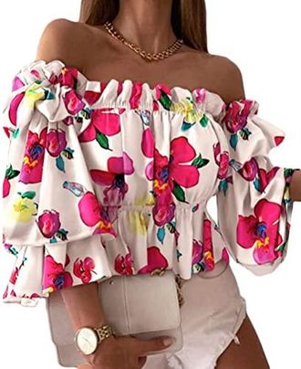 Onsoyours Chemisier Femme Epaule Dénudée Grande Taille Blouse Haut Sexy Top Epaule Nu Chemisier Col Bandeau Tee-Shirt Imprimée Fleurie Fluide Chic Tops E Fuchsi