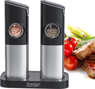 iconique Elektrisches Salz- Und Pfeffermühlen-Set | Automatische Schwerkraftzufuhr, Nachfüllbar Mit Grobheitseinstellung, USB-C-Ladestation, Leuchtanzeige, Sta