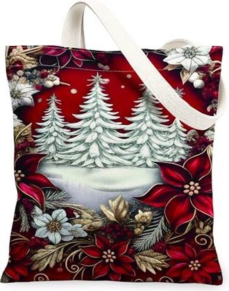 Generic Sacs fourre-tout en toile motif arbres de No&euml;l, motif floral &eacute;l&eacute;gant, sacs d&eacute;picerie r&eacute;utilisables, vintage, lavables et l&eacute;gers, Rouge, 13x15 Inch